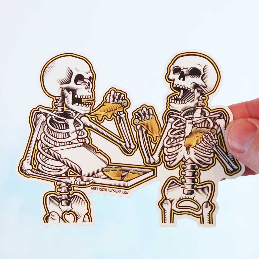 Skeletons Eating Pizza - Skeleton Sticker – GreatScottDesigns