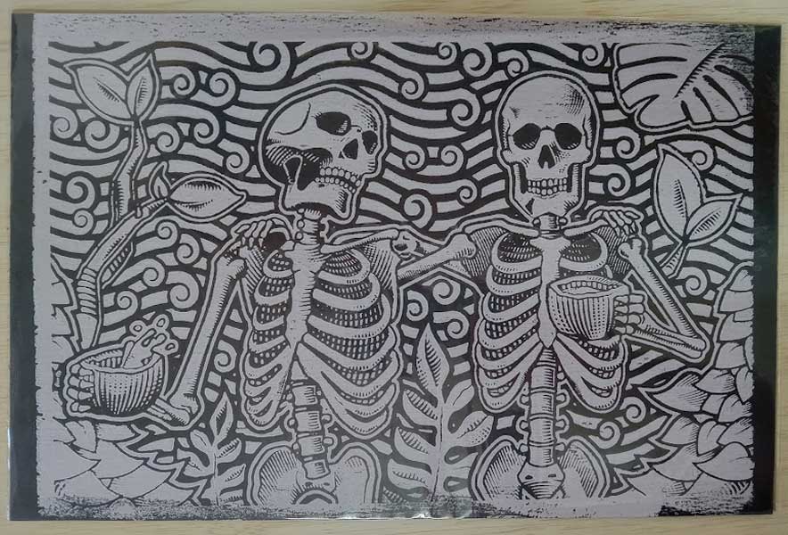Skeletons Drinking in the Forest, Wood Block Print - 11x17, Black Pape ...