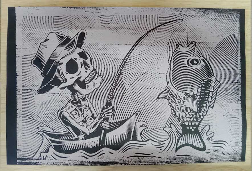 Skeleton Fishing Woodblock Print - Highly Detailed, Black Paper White ...