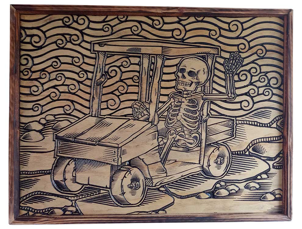 Skeleton Riding a Golf Cart - Wood Carving Wall Art – GreatScottDesigns