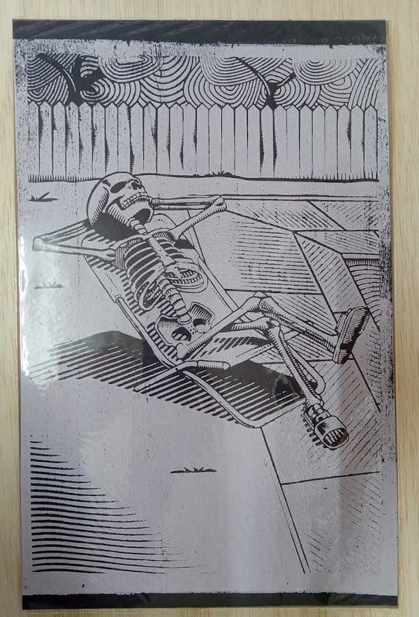 Skeleton Sunbathing Woodblock Print - 11x17 Black Paper with White Ink ...