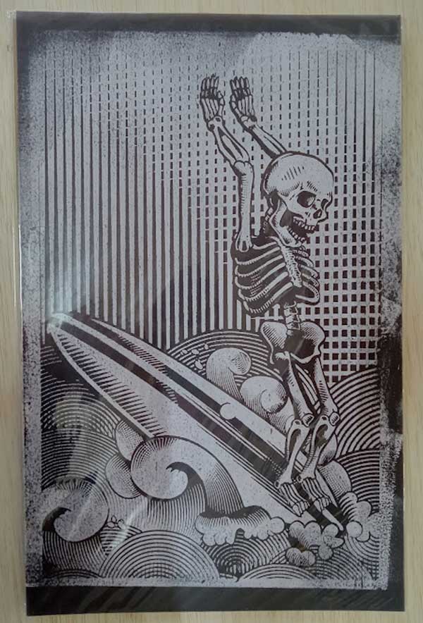Skeleton Surfing Woodblock Print on Black Paper White Ink - 11x17 ...